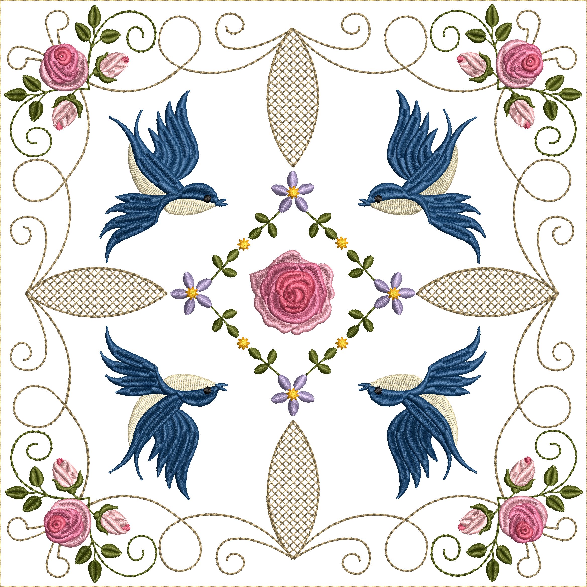 Bluebirds and Roses Quilt Blocks 8x8 | OregonPatchWorks