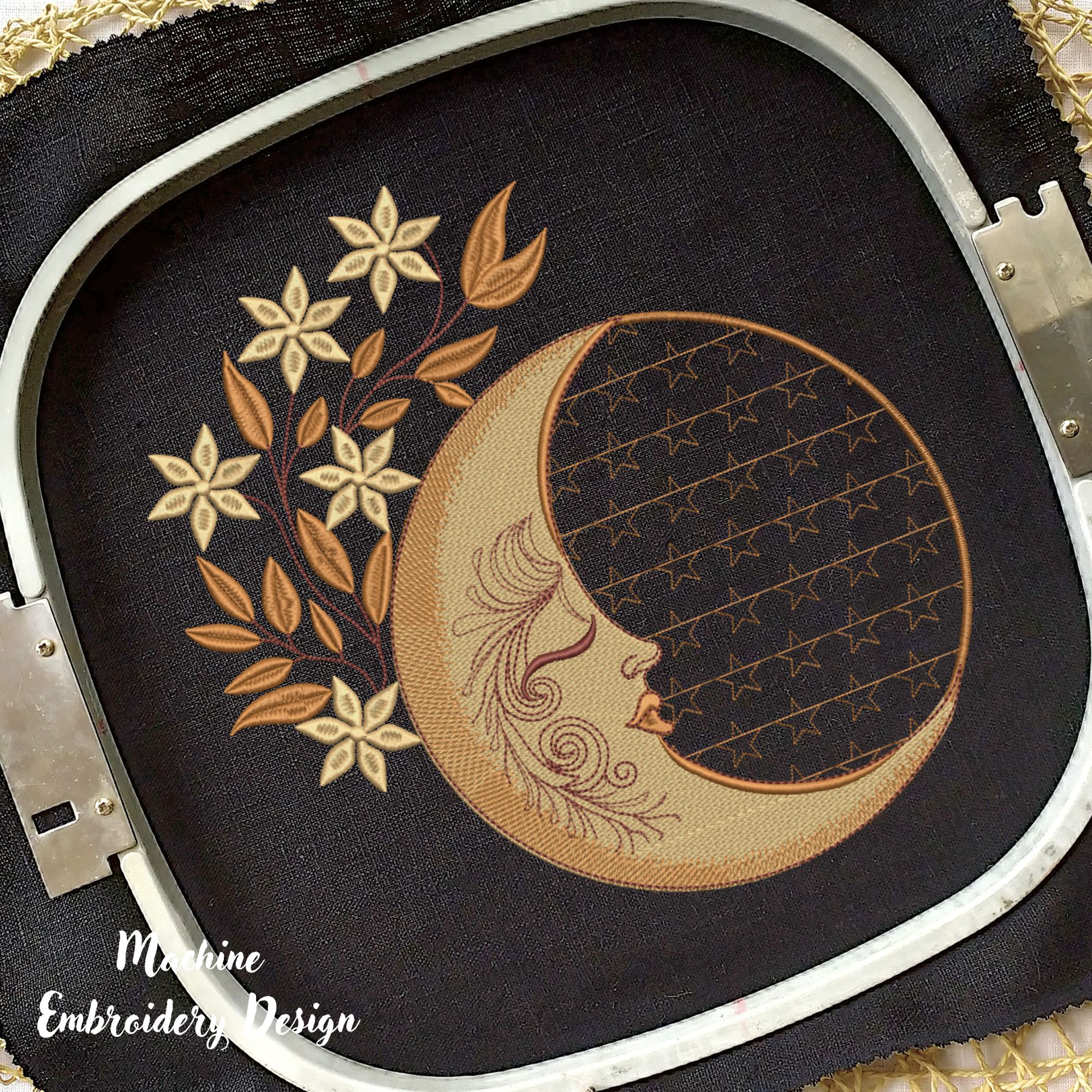 Magic Crescent Moon with Stars and Florals