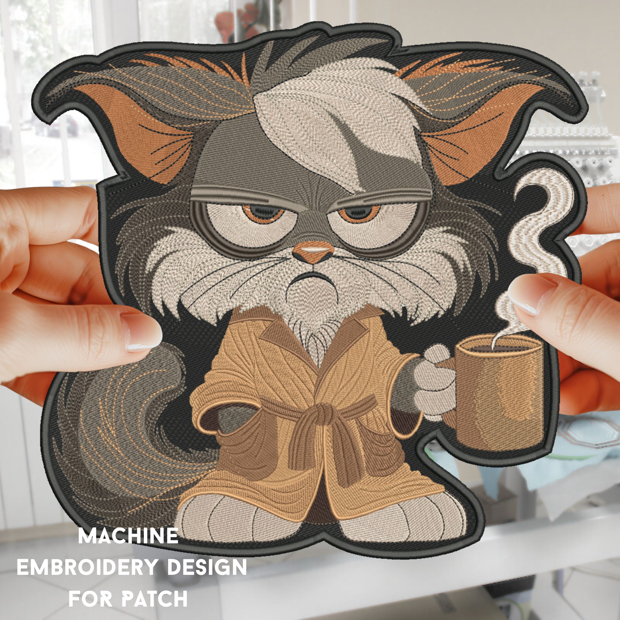 Patch Funny Grumpy Cat with cup of coffee