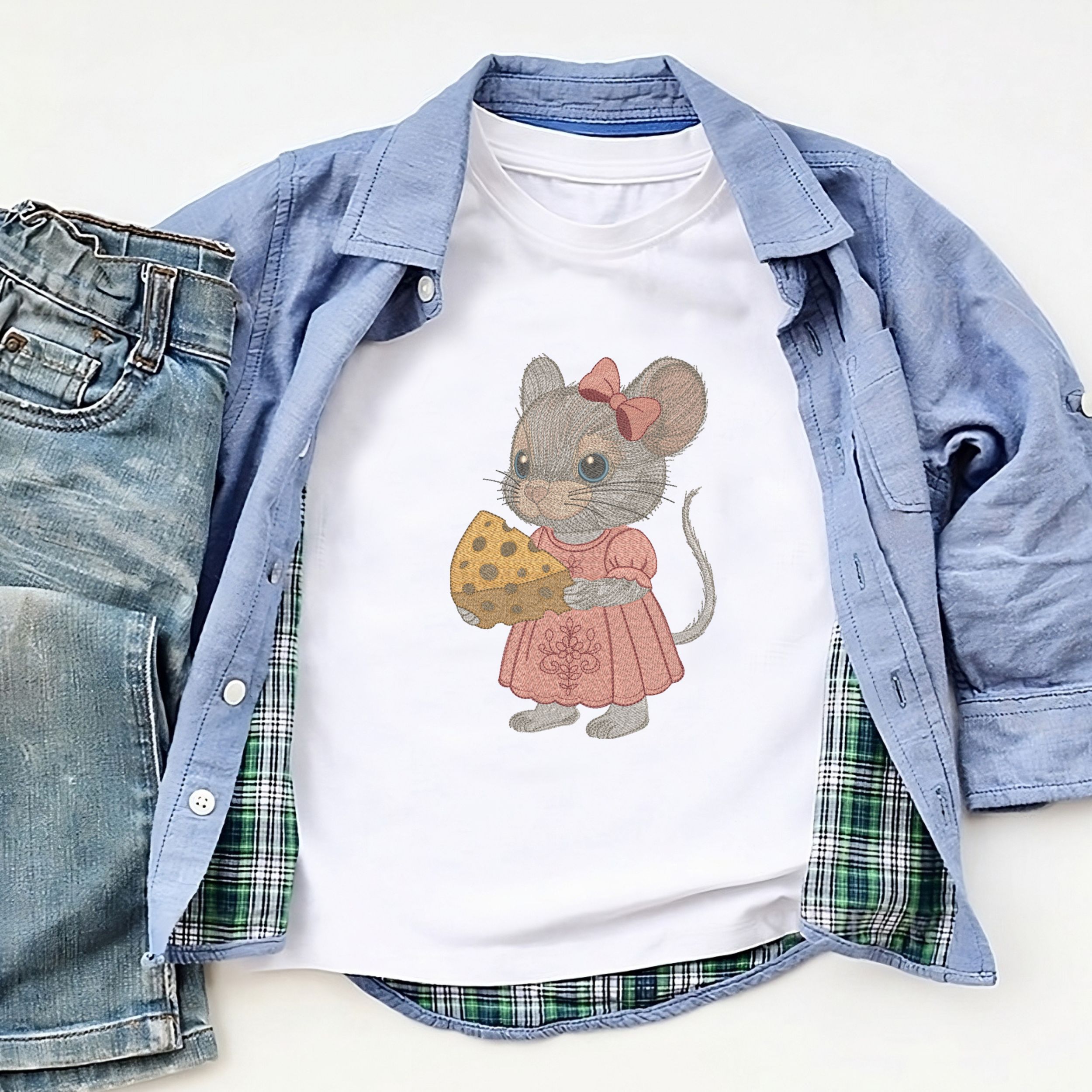 Cute Girl Mouse with Cheese in Dress | OregonPatchWorks