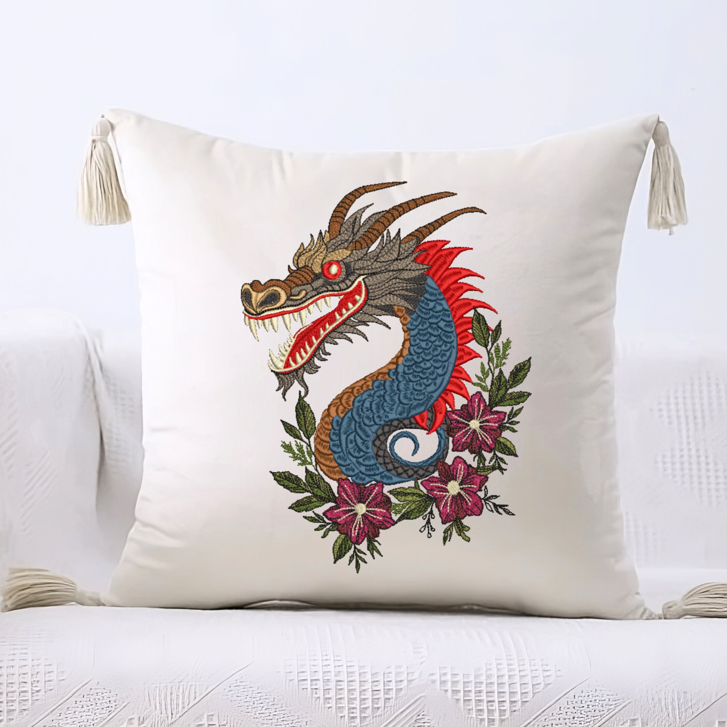 Blue Chinese Dragon and Flowers | OregonPatchWorks