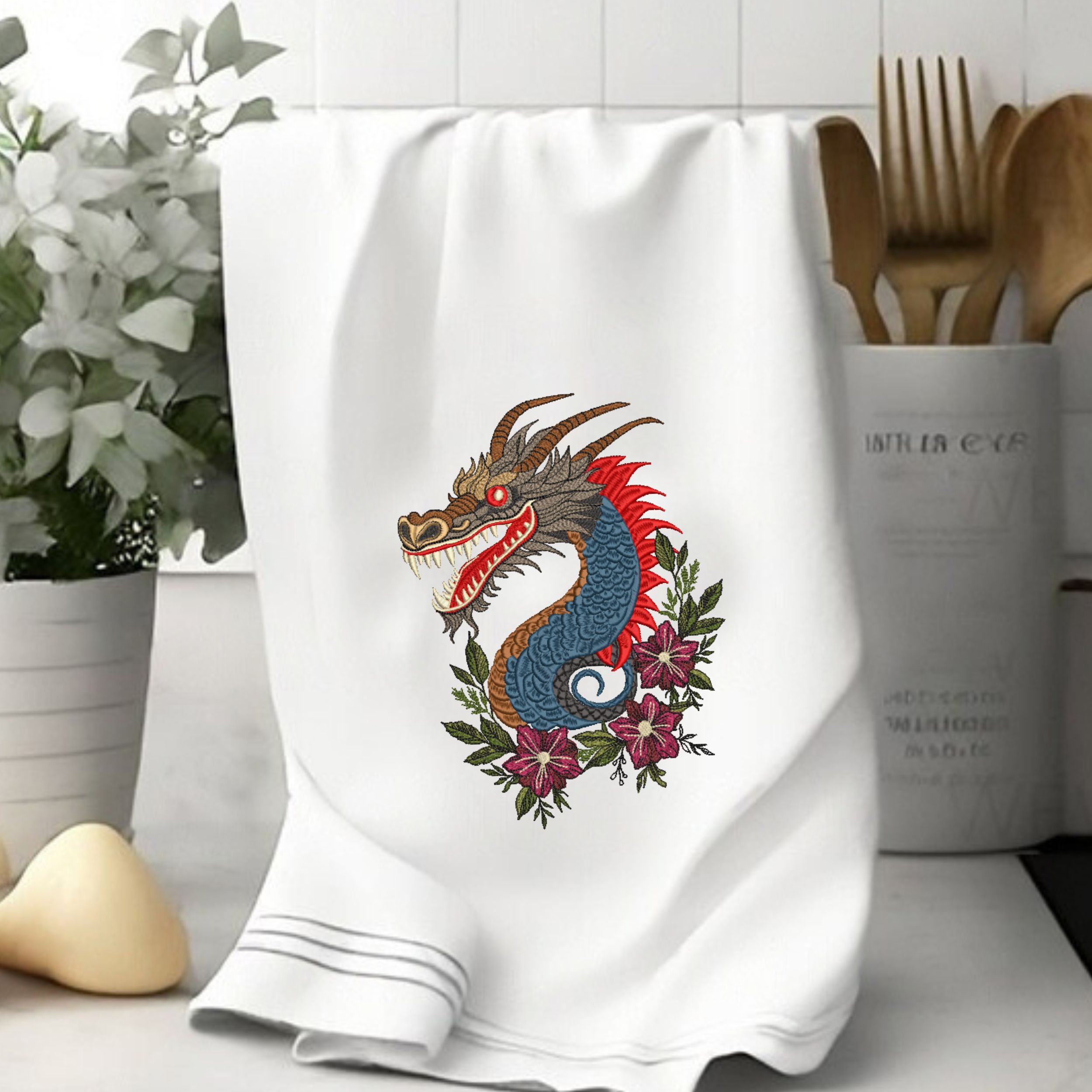 Blue Chinese Dragon and Flowers | OregonPatchWorks
