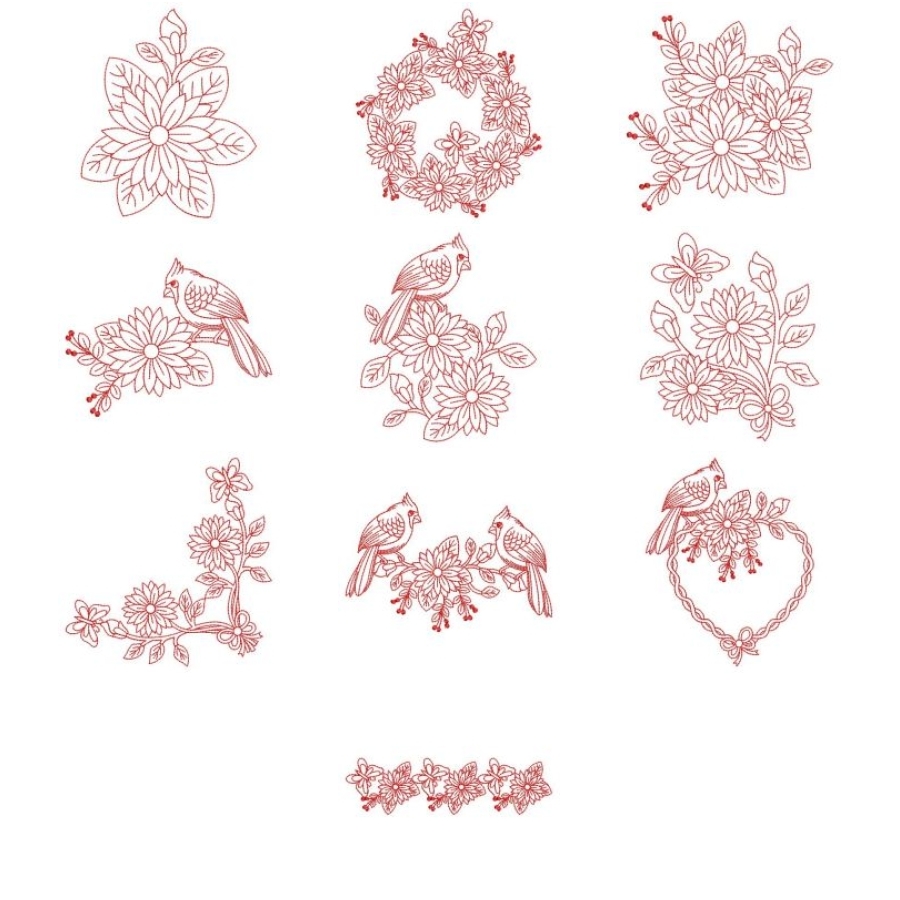 Redwork Flower And Cardinal | OregonPatchWorks