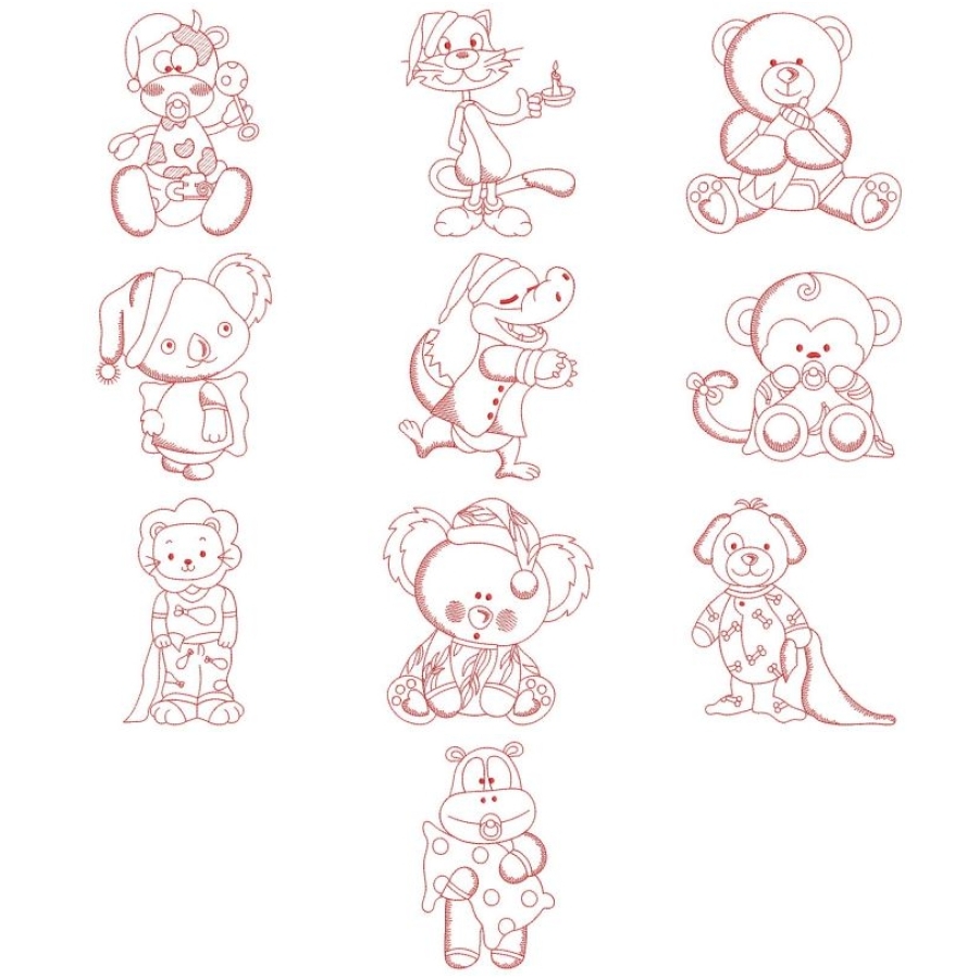 Redwork Animals In Pajamas | OregonPatchWorks