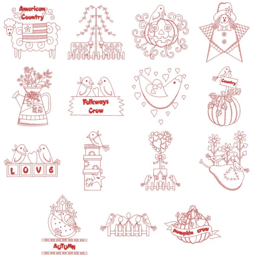 Redwork Autumn Folk Art | OregonPatchWorks